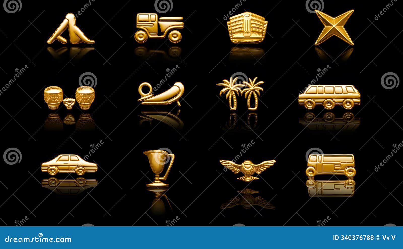 Golden Icons Representing Various Symbols and Objects Stock ...