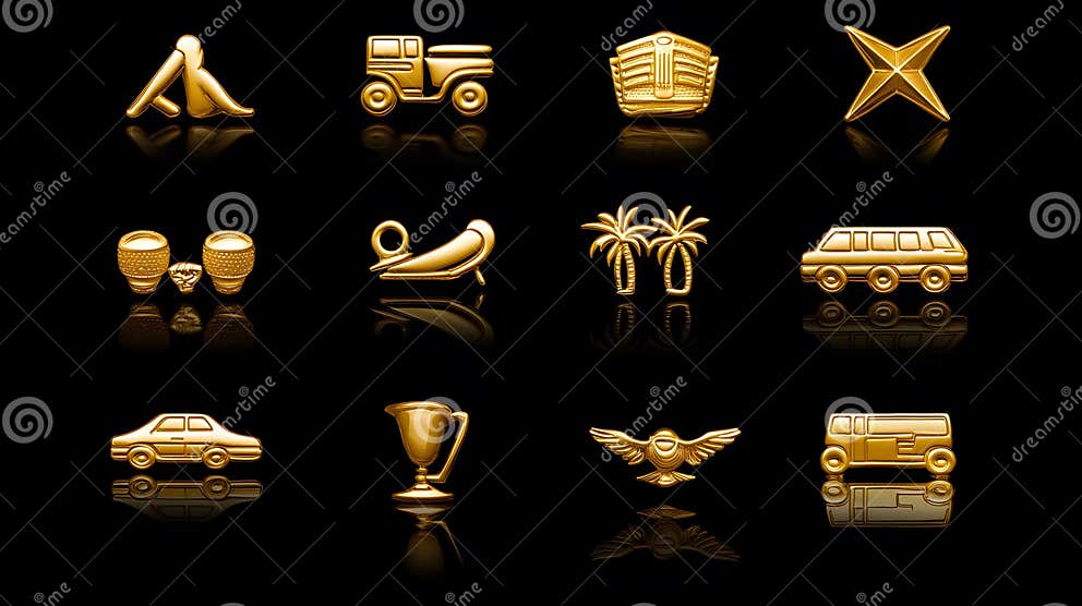 Golden Icons Representing Various Symbols and Objects. Stock ...