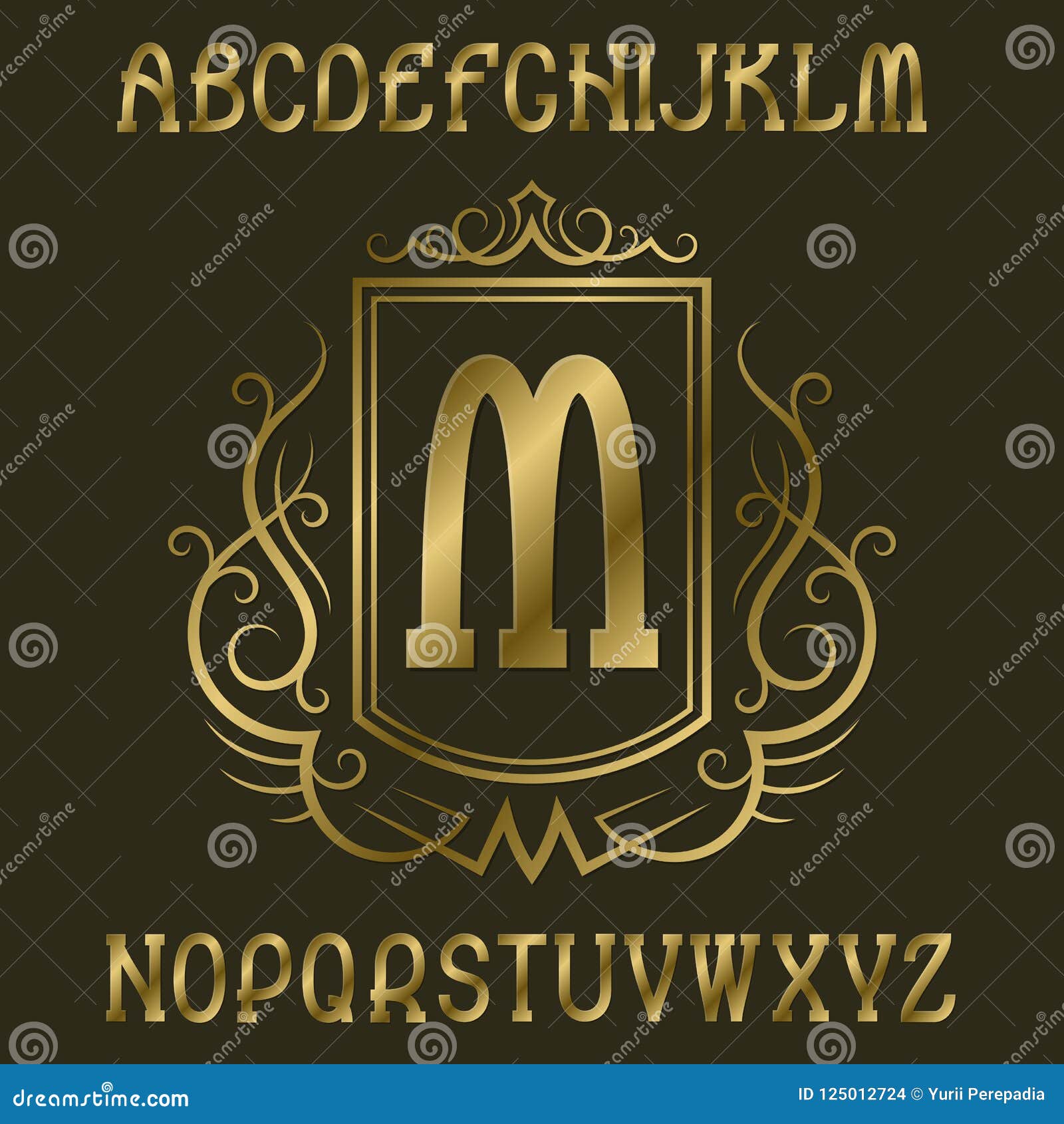 Golden Initial Monogram Template on Shield with Wreath. Beautiful ...