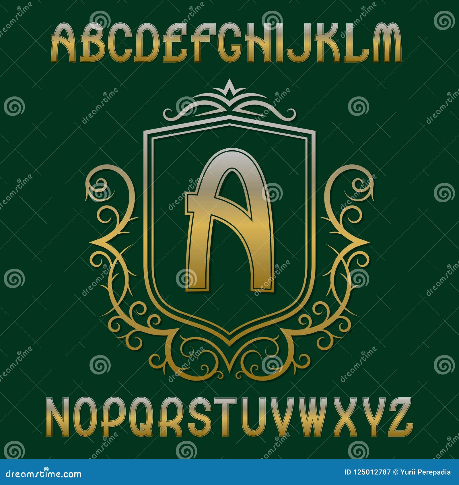 Golden Initial Monogram Template on Shield with Wreath. Beautiful Font ...