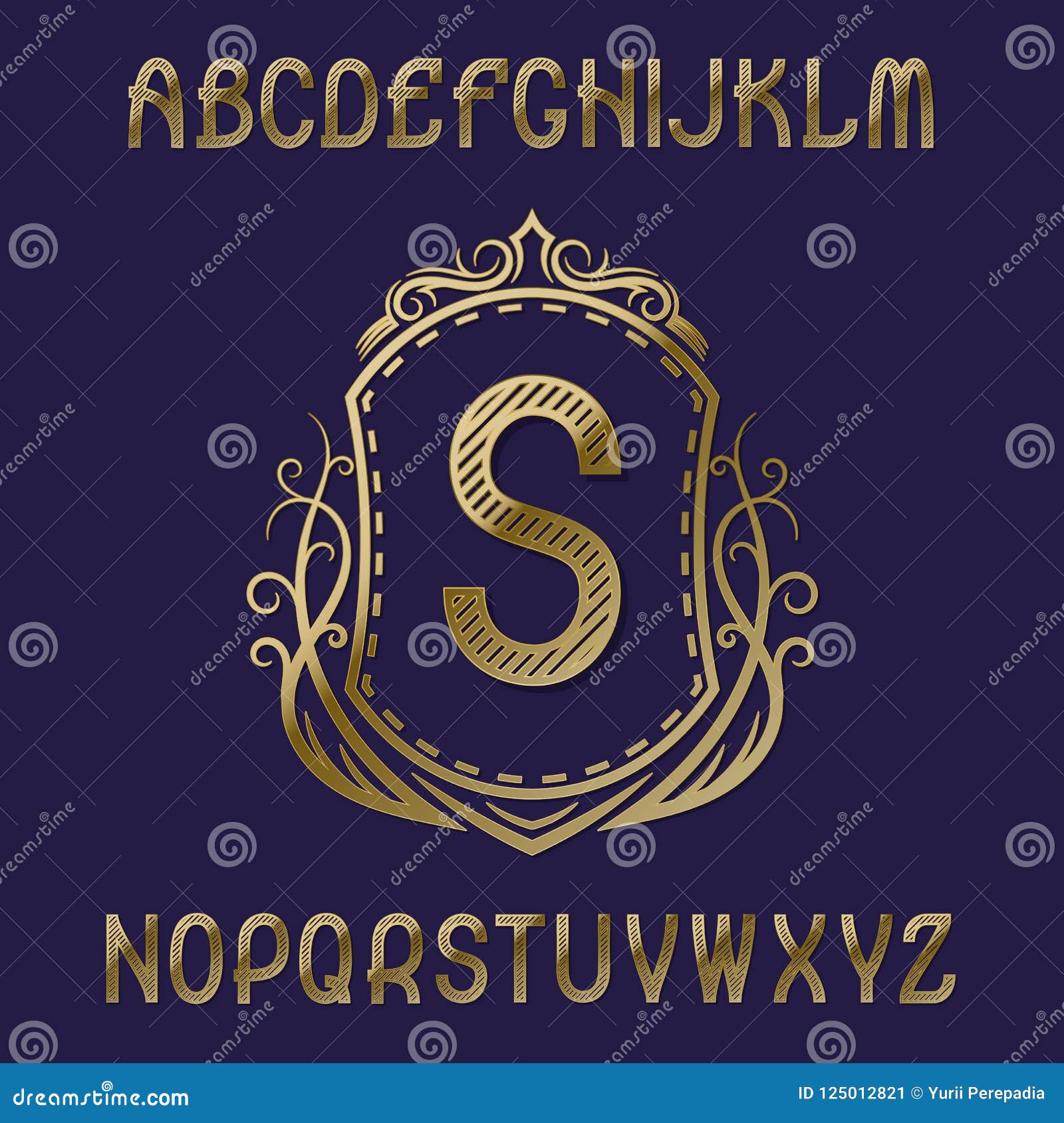 Golden Initial Monogram Template on Shield with Wreath. Beautiful ...