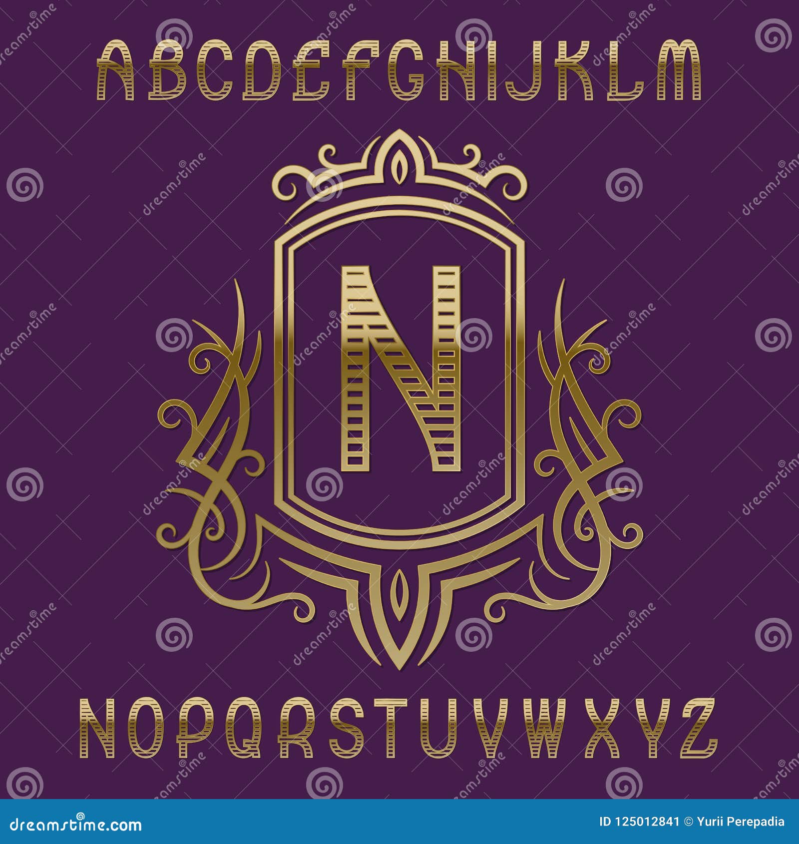 Golden Initial Monogram Template in Wreath with Shield. Patterned ...