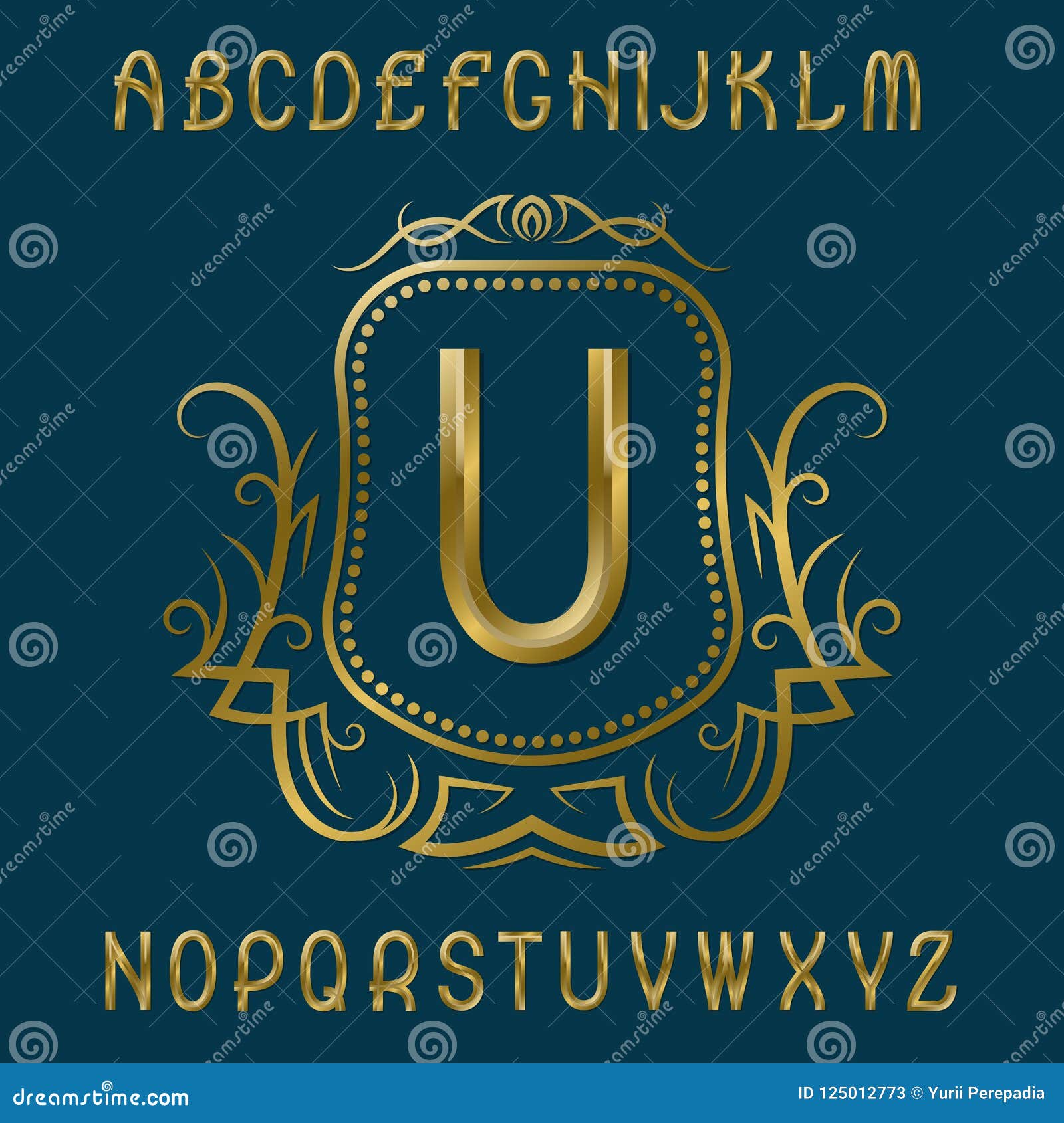 Golden Initial Monogram Template in Wreath with Shield. Polished ...