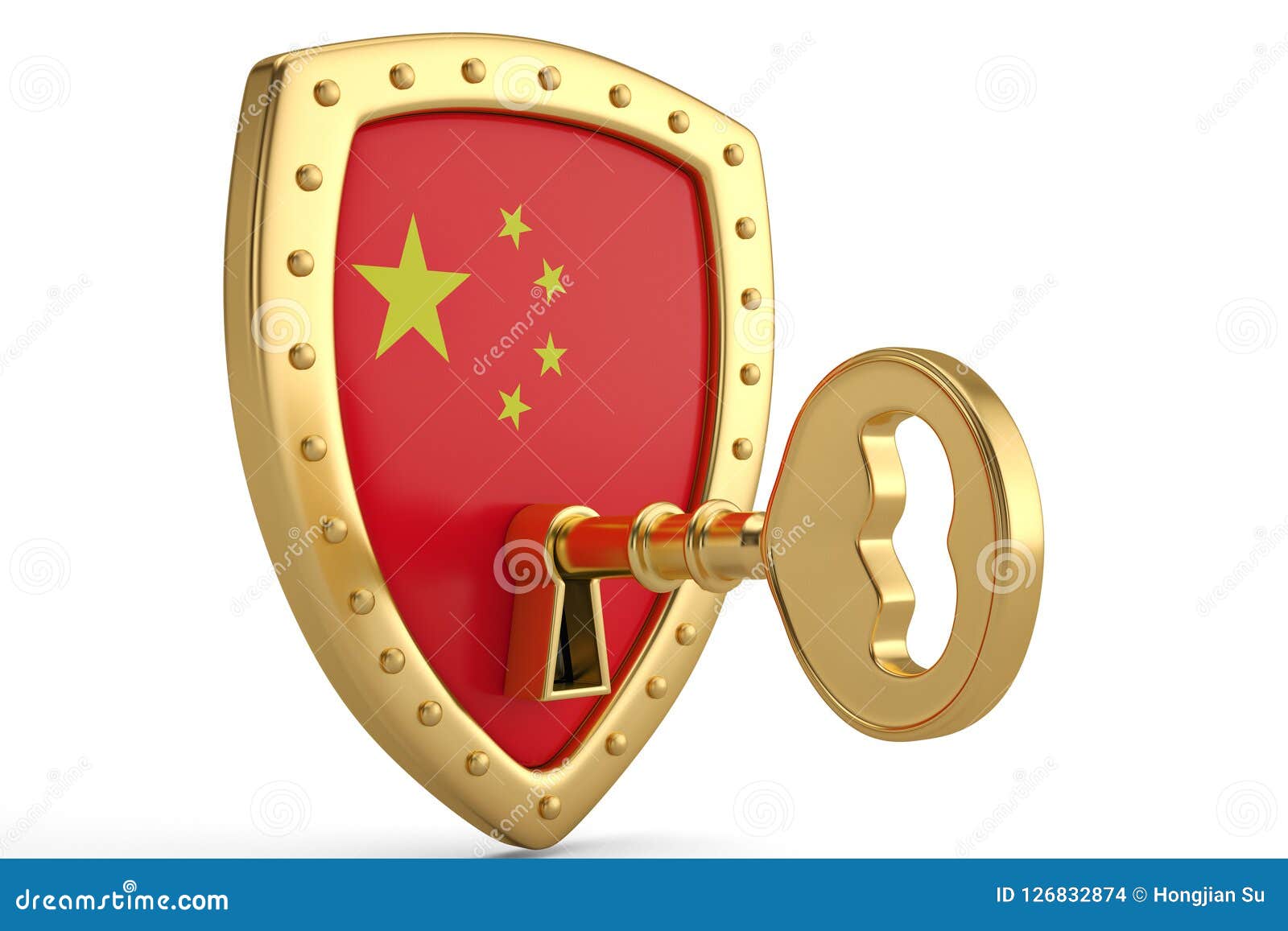 Golden Key on China Flag Shield.3D Illustration. Stock Illustration ...