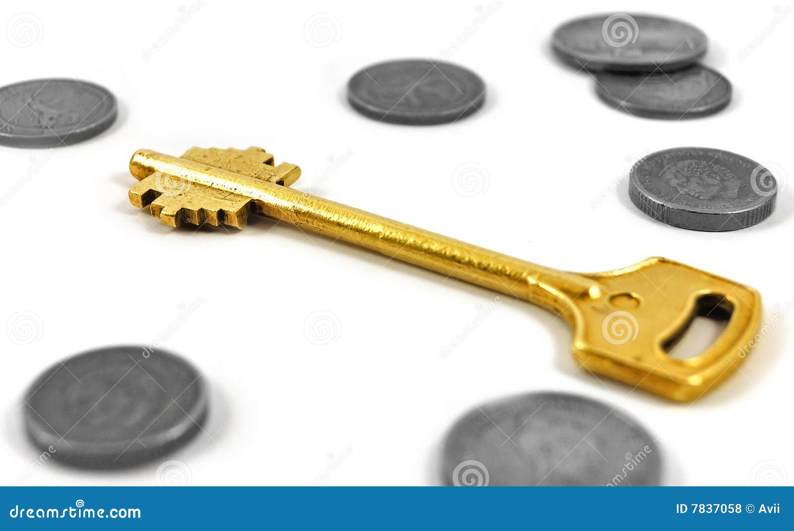 Golden key and coins stock photo. Image of protection - 7837058