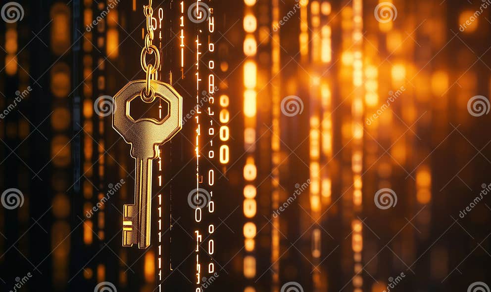 Golden Key Digital Security Concept, Binary Code Background, Symbolizing Encryption and Access ...