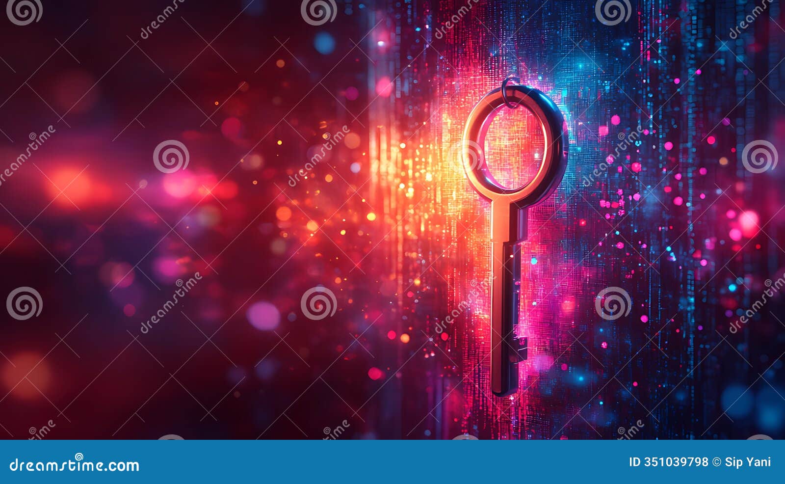 A Golden Key with Glowing Red and Blue Light in Front of a Matrix of ...