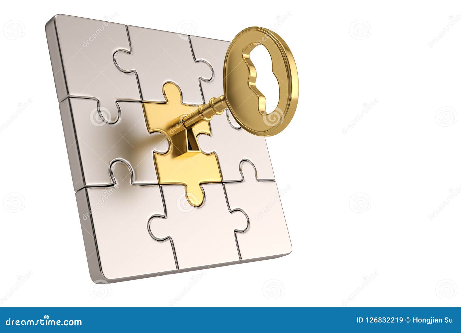 Golden Key and Puzzle Pieces on White Background.3D Illustration Stock ...