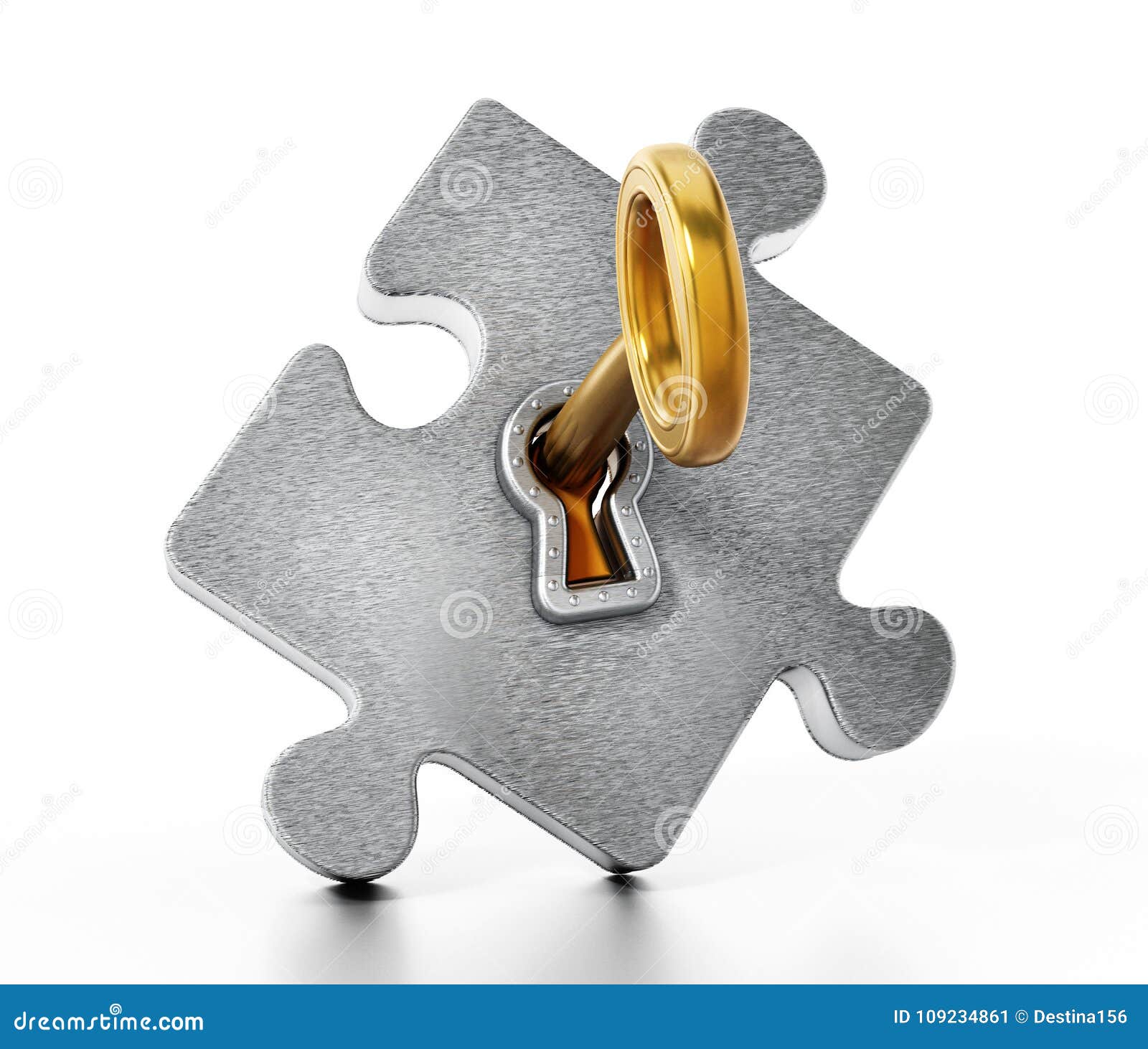 Golden Key Unlocking Metallic Puzzle Piece. 3D Illustration Stock ...