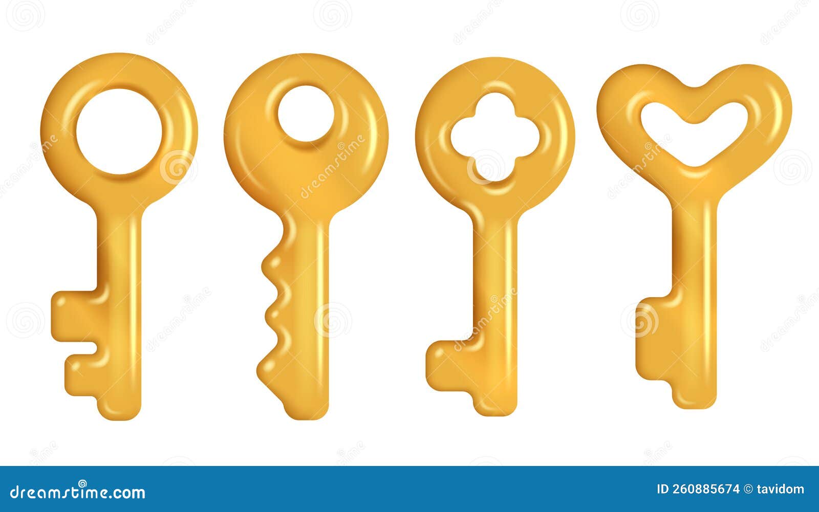 Golden Keys on White Background. 3d Realistic Vector Collection of ...