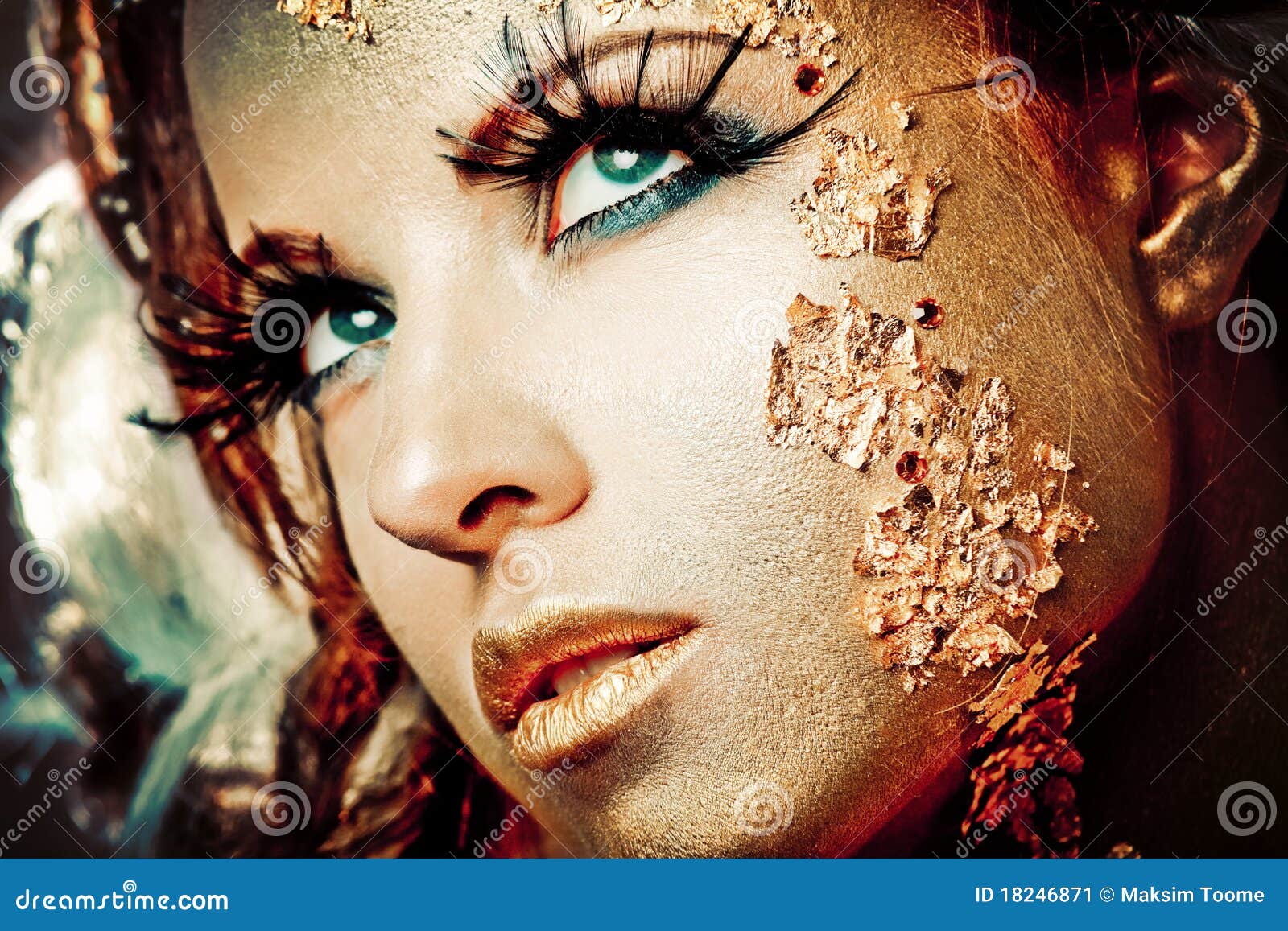 Golden lady stock image. Image of makeup, gold, model - 18246871