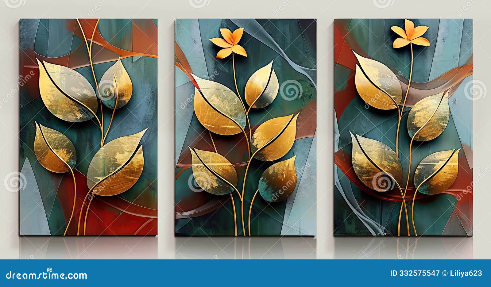 Golden Leaf Abstract Triptych with Floral Accents Stock Illustration ...