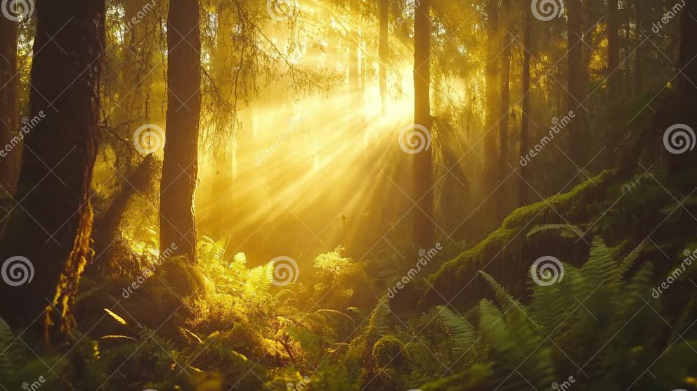 Golden Light through Forest Trees Stock Illustration - Illustration of ...
