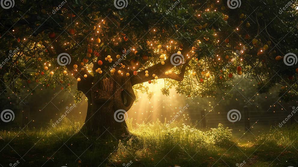 Golden Light on Fruit Tree in a Tranquil Forest Setting Stock Image ...