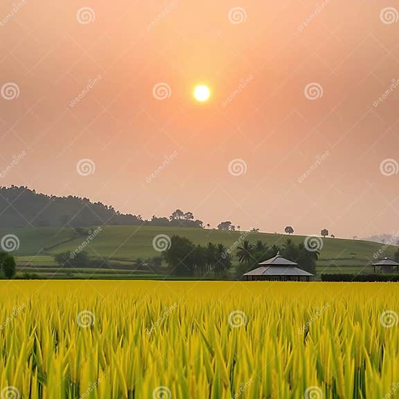 Golden Light on Rice Fields at Dawn Stock Illustration - Illustration ...