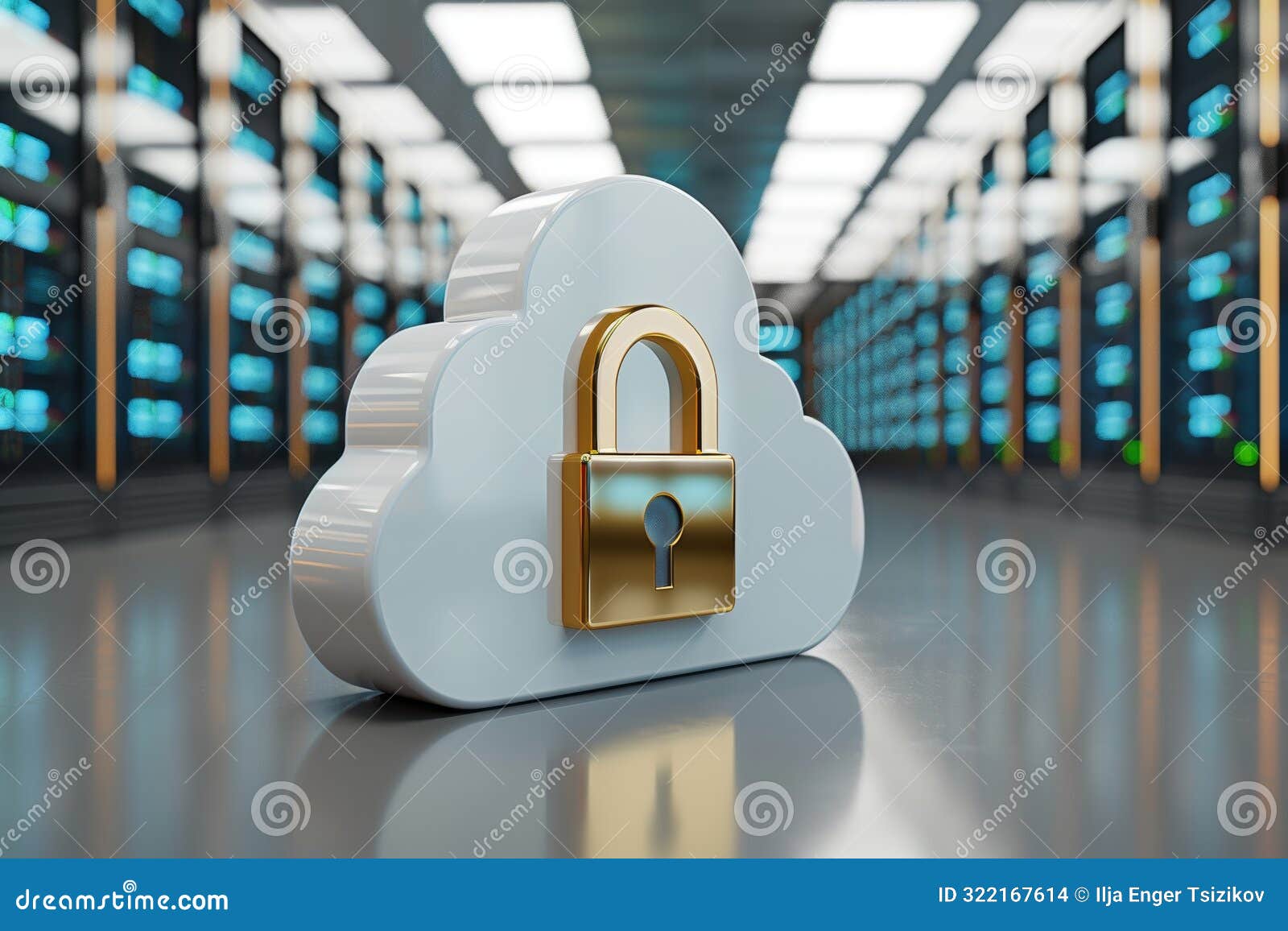 Golden Lock Icon on White Cloud in Server Room with Flashing Blue ...