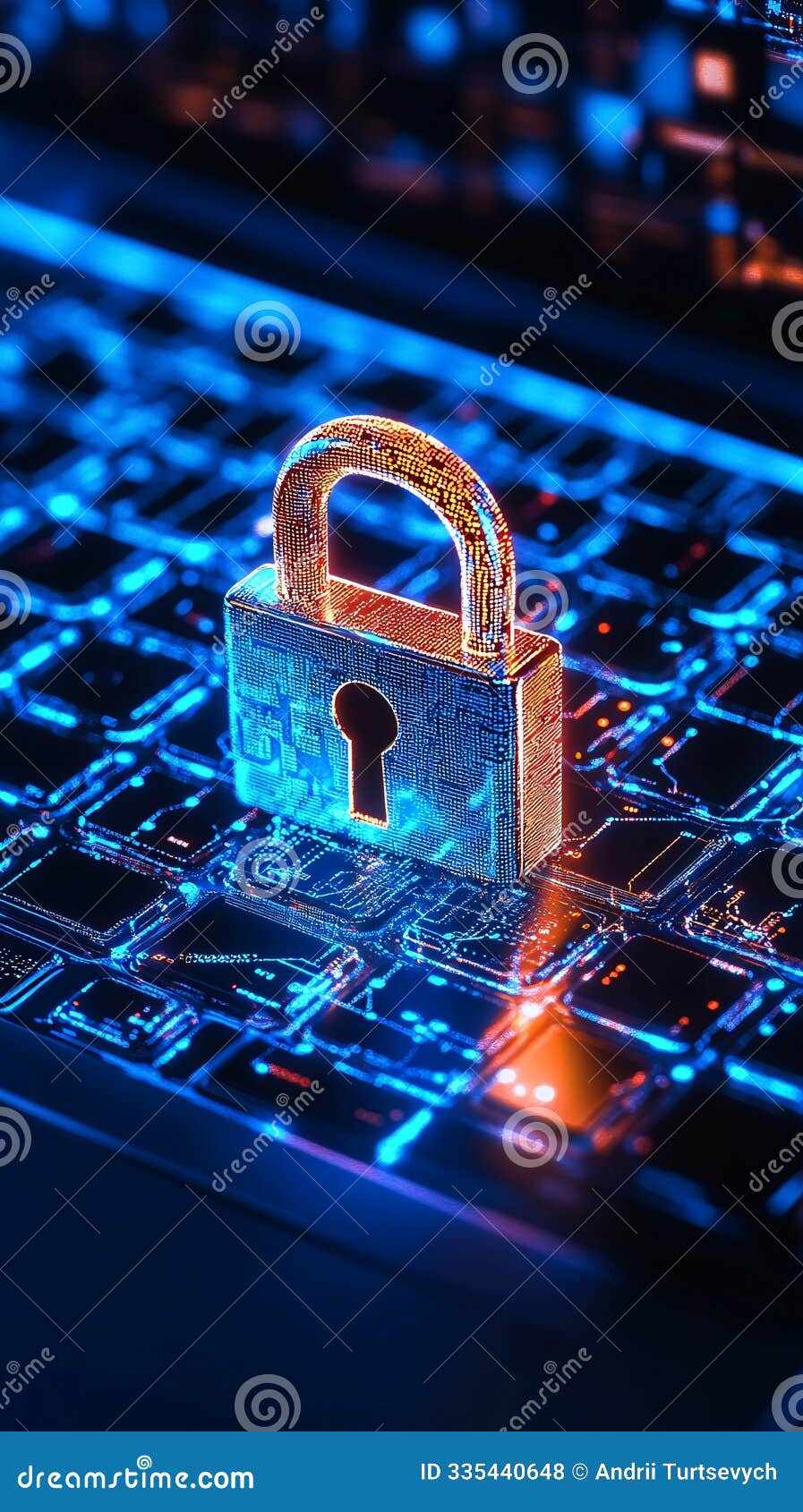 Golden Lock on Illuminated Keyboard Representing Cybersecurity and Data ...