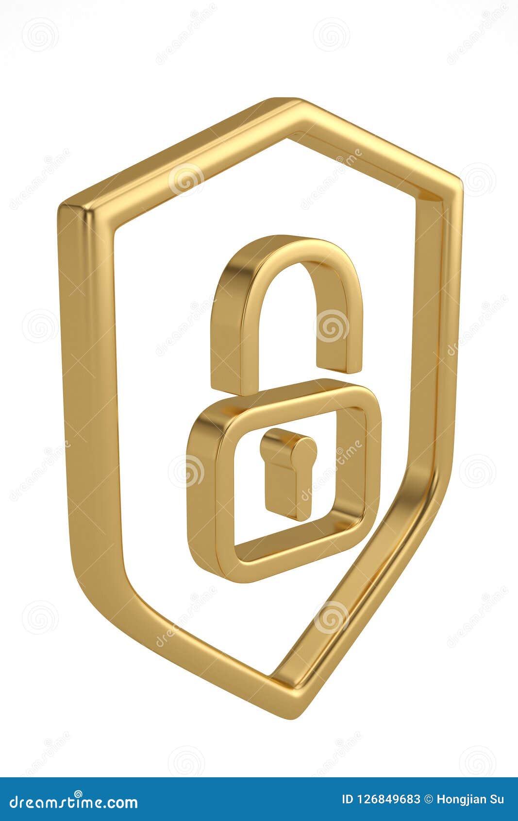 Golden Lock and Shield Symbol Isolated on White Background 3D Il Stock ...