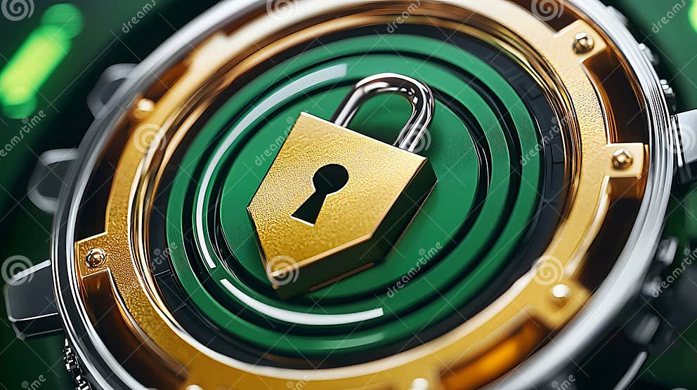 Golden Lock Symbol on Green Background with Circular Patterns ...