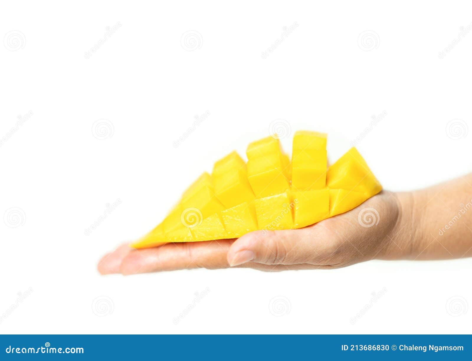 Golden Mango Pulp Cut Cubes on Hand, Delicious Stock Photo - Image of ...