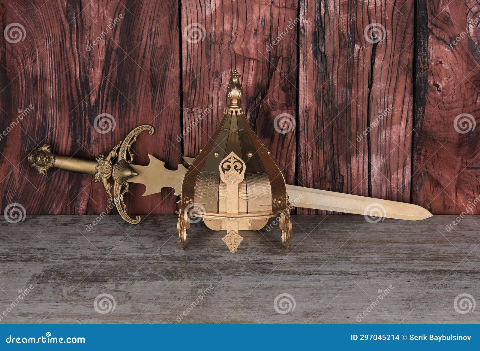 Golden Medieval Helmet , Sword Stock Photo - Image of shield, ancient ...