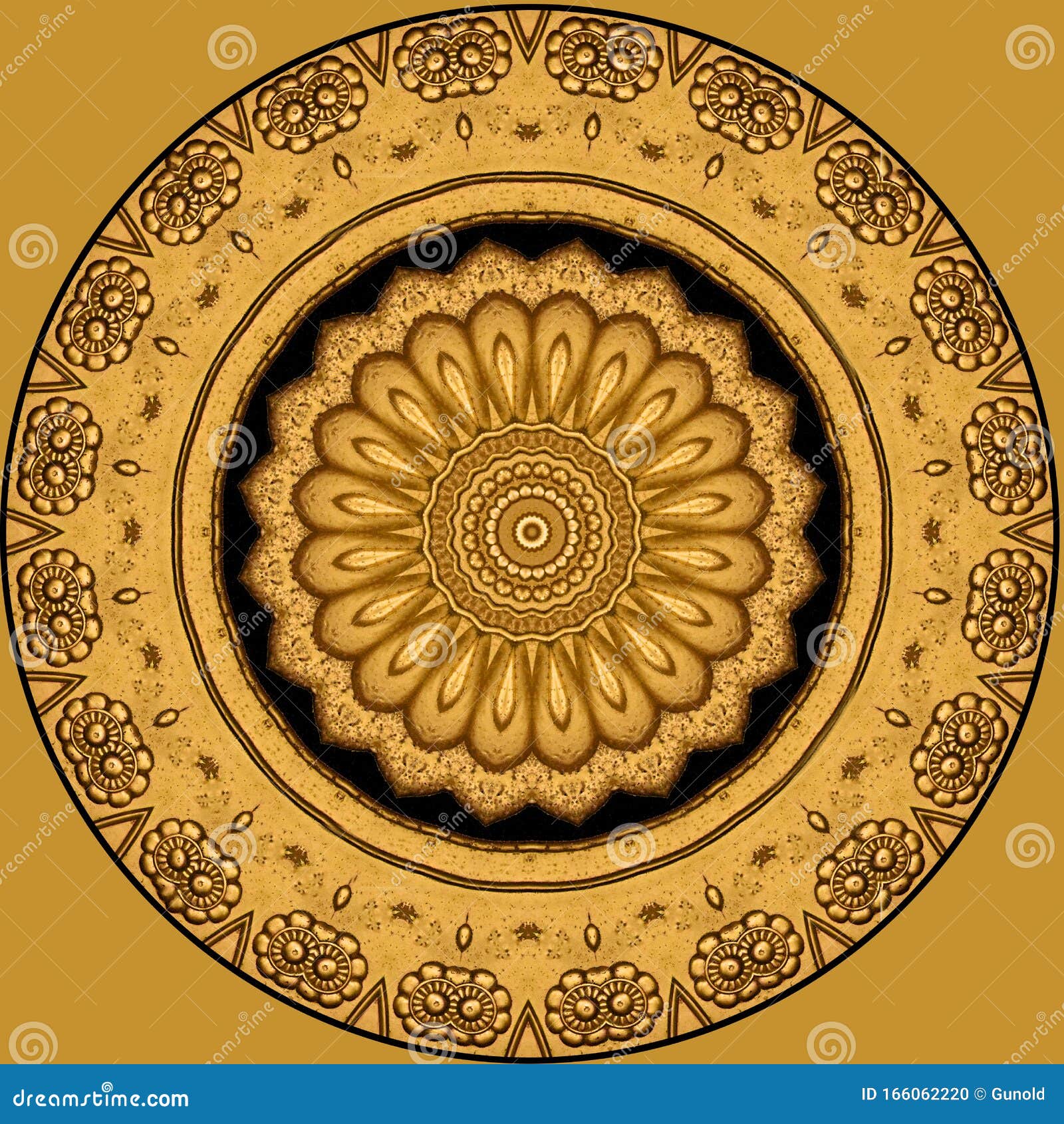 Golden Metallic Disc with Flowers Stock Illustration - Illustration of ...