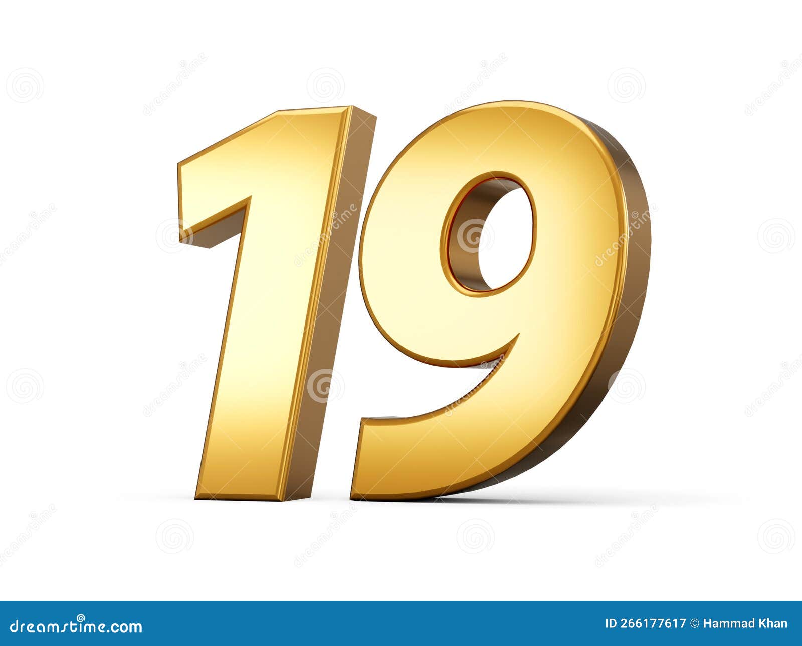 Golden Metallic Number 19 Nineteen, White Background 3d Illustration ...