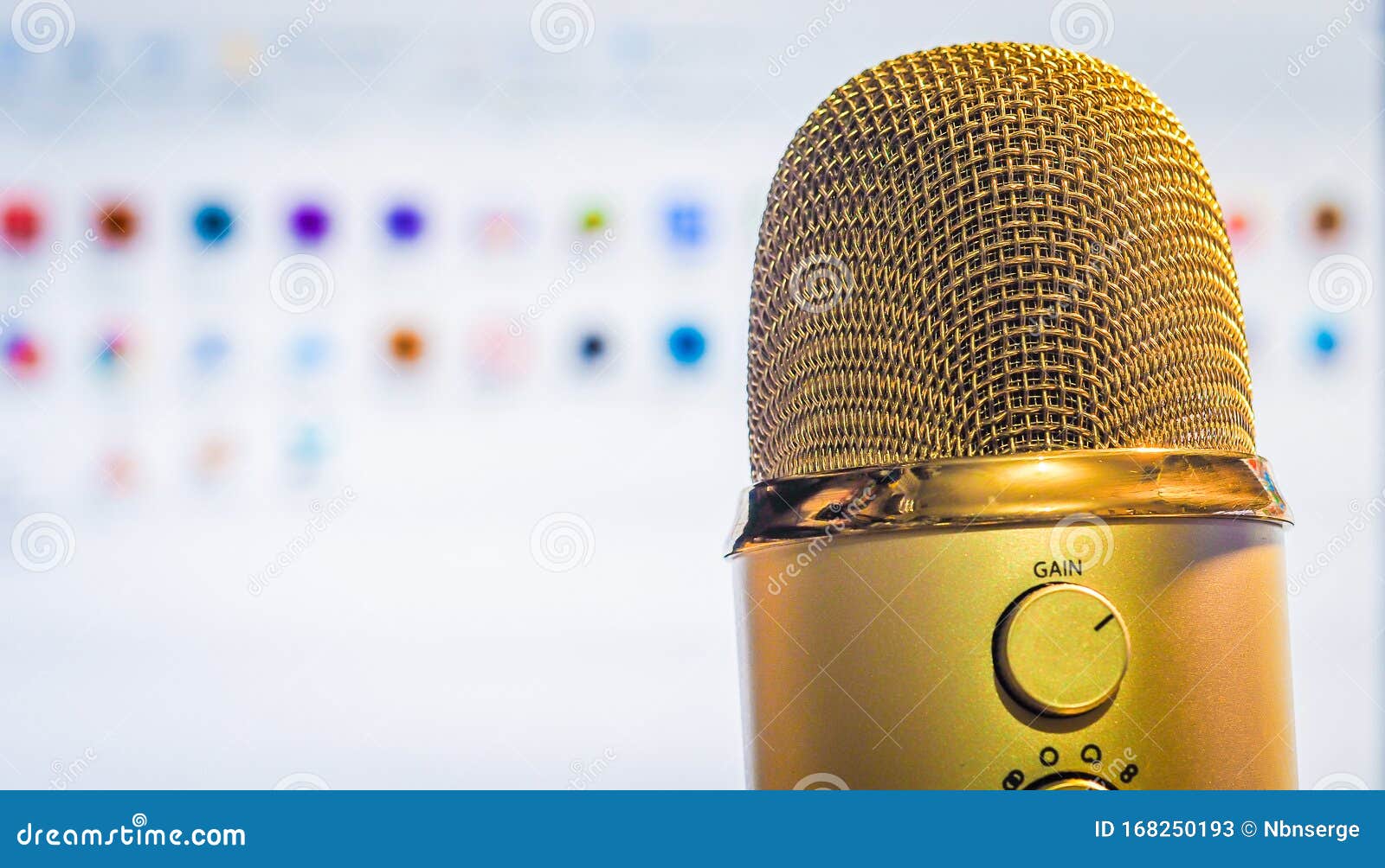 Golden Microphone Close Up With Computer Main Screen Background Royalty ...