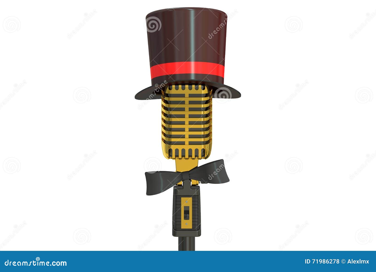 Golden Microphone with Cylinder Hat and Bow Tie, 3D Rendering Stock ...