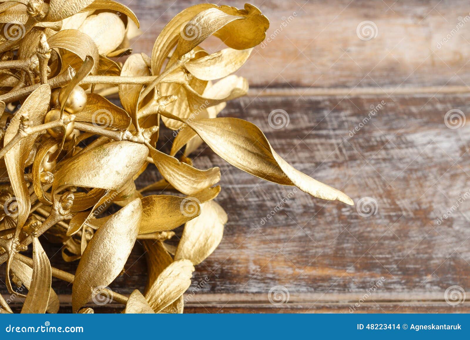 Golden Mistletoe on Wooden Background Stock Photo - Image of copy ...