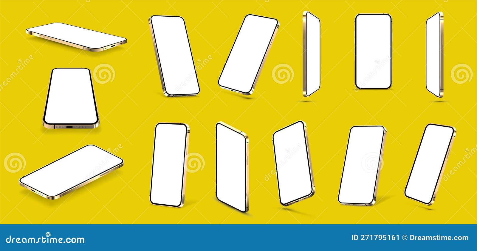 Golden Mobile Phone Mockups in Realistic Style and Different Angles ...
