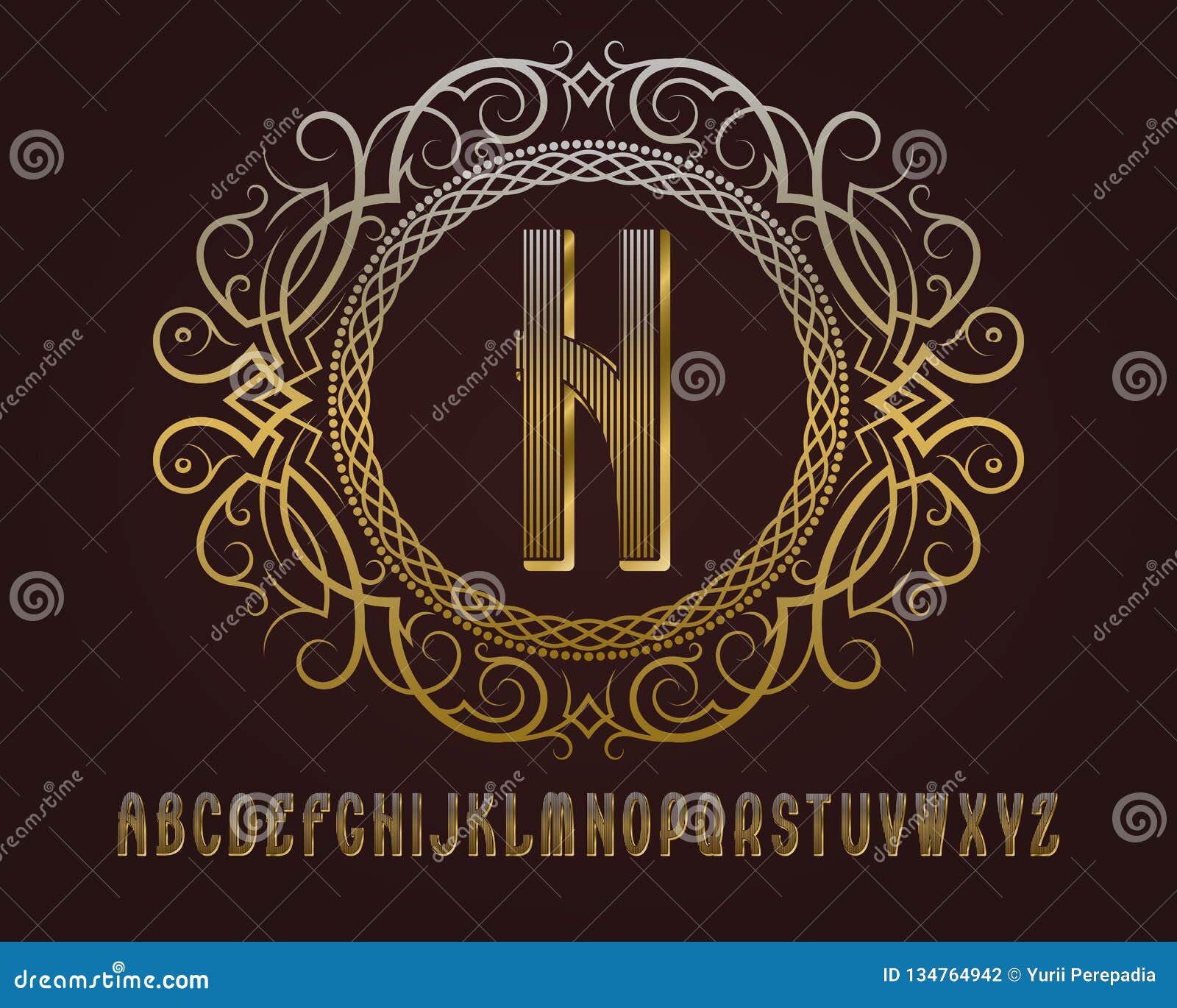 Golden Monogram Template in Patterned Elliptic Frame with Striped ...