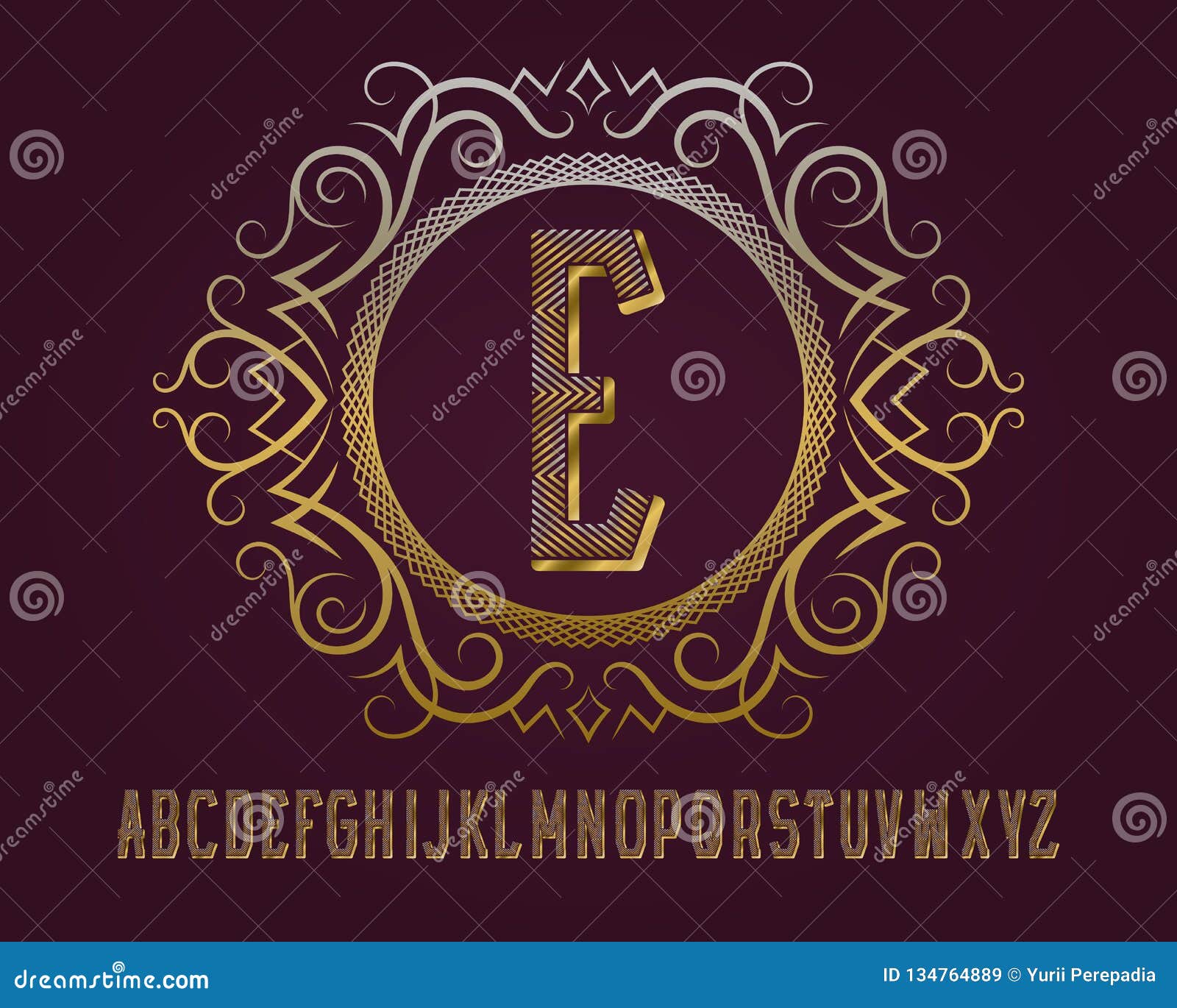 Golden Monogram Template in Round Patterned Frame with Elegant Alphabet ...