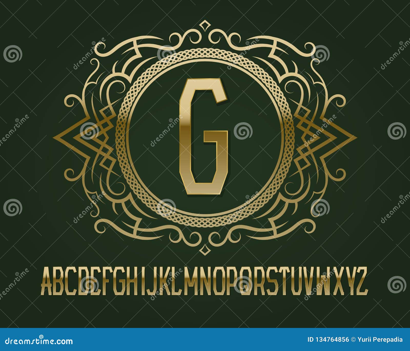 Golden Monogram Template in Round Patterned Frame with Graceful ...