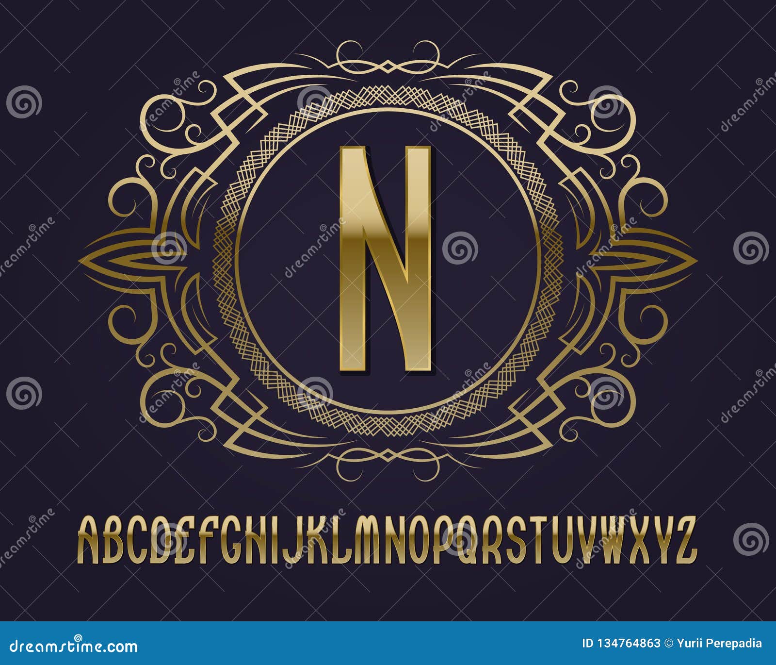 Golden Monogram Template in Round Patterned Frame with Vintage Alphabet ...