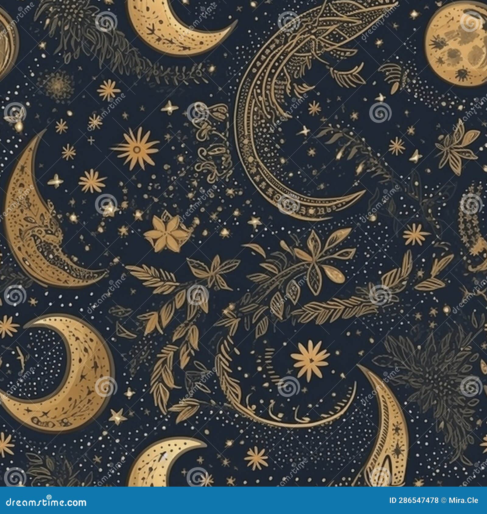 Golden Moon and Stars on Dark Sky Seamless Pattern, Created with ...
