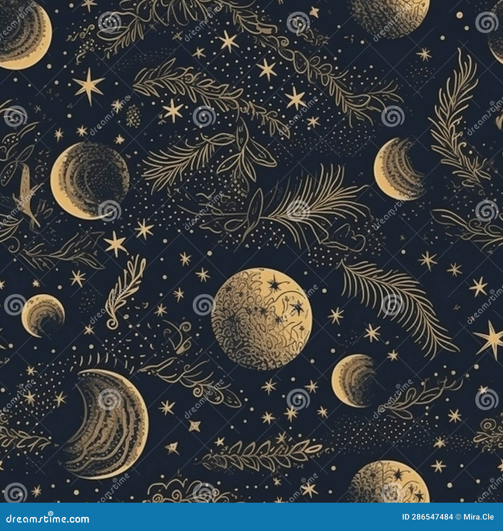Golden Moon and Stars on Dark Sky Seamless Pattern, Created with ...