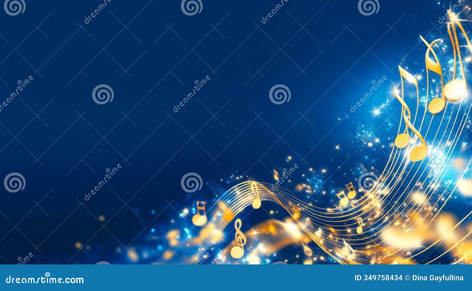 Golden Music Notes Flowing on a Blue Background with Sparkling ...