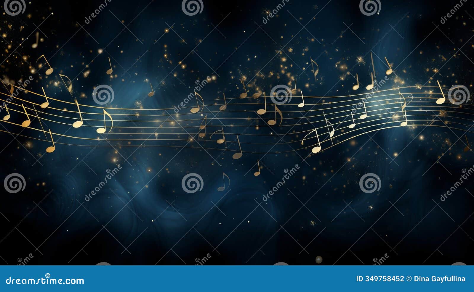 Golden Music Notes Flowing on a Blue Background with Sparkling ...