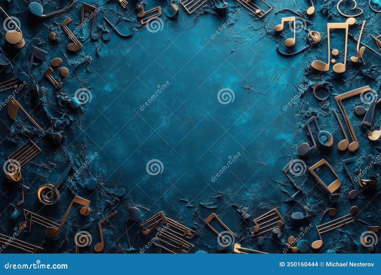 Golden Music Notes Framing a Deep Blue Textured Background. Copy Space ...