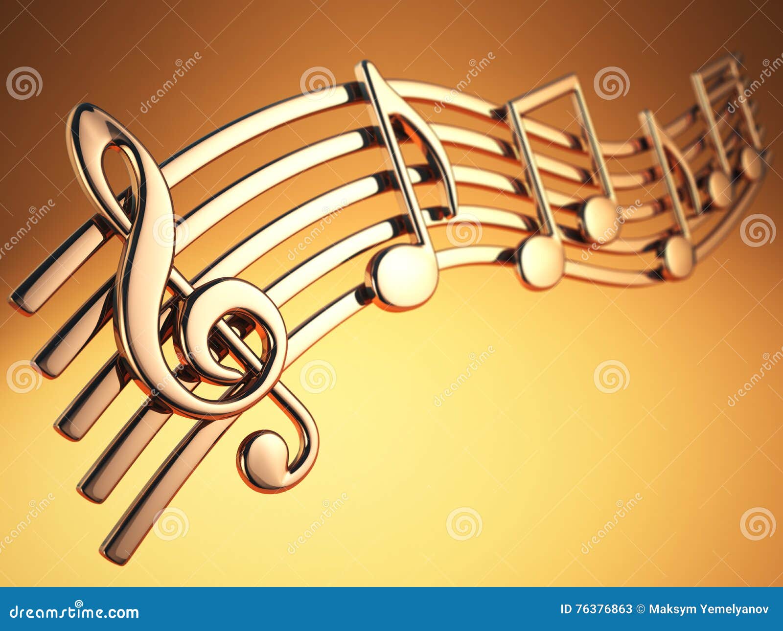 Golden Music Notes and Treble Clef on Musical Strings on Yellow Stock ...