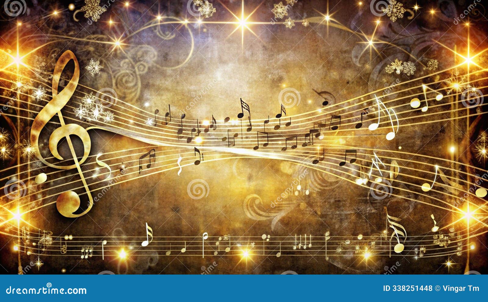 A Golden Music Staff with Treble Clef and Notes on a Sparkling ...