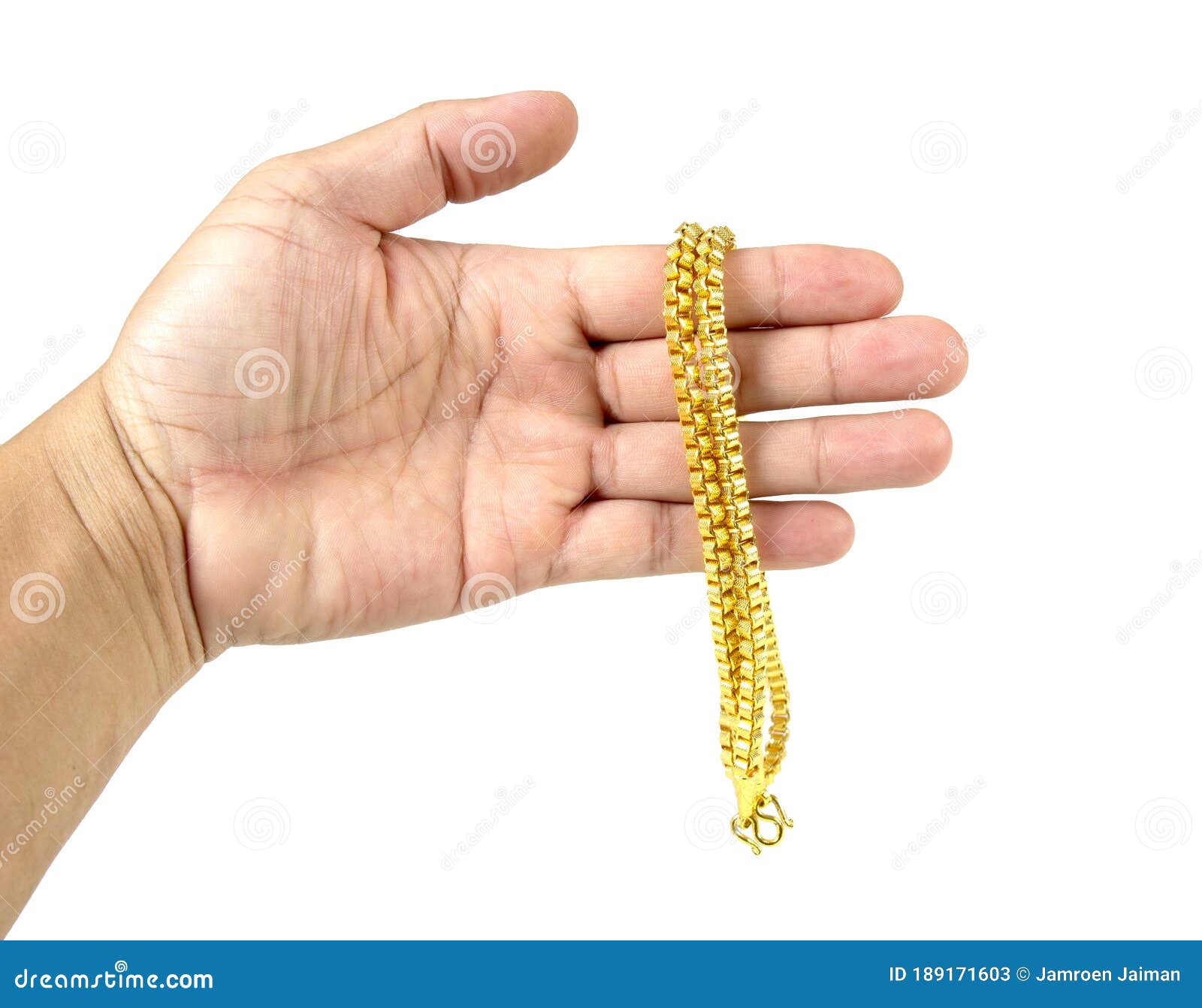 Golden Necklace in Left Hand Isolated on White Stock Image - Image of ...