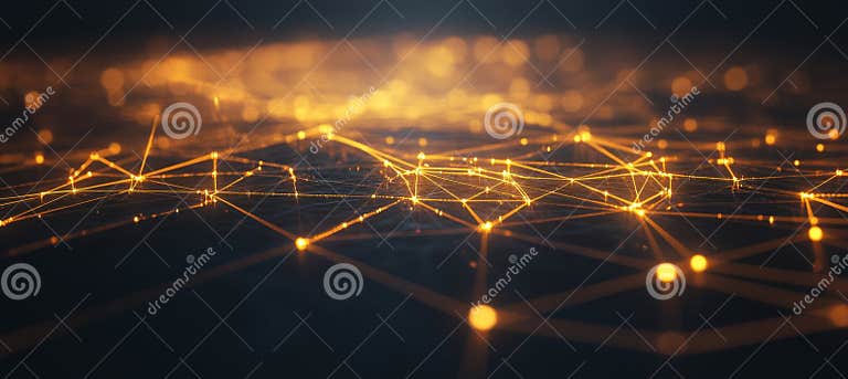 Golden Network, Connected Dots on Dark Background, Abstract ...
