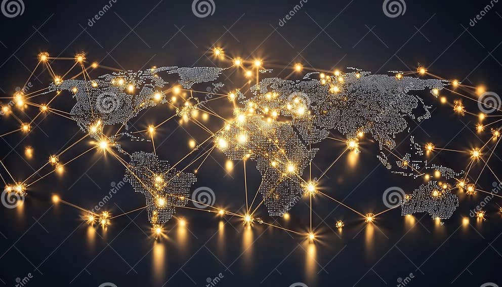 Golden Network Connecting a World Map Global Communication, Technology ...