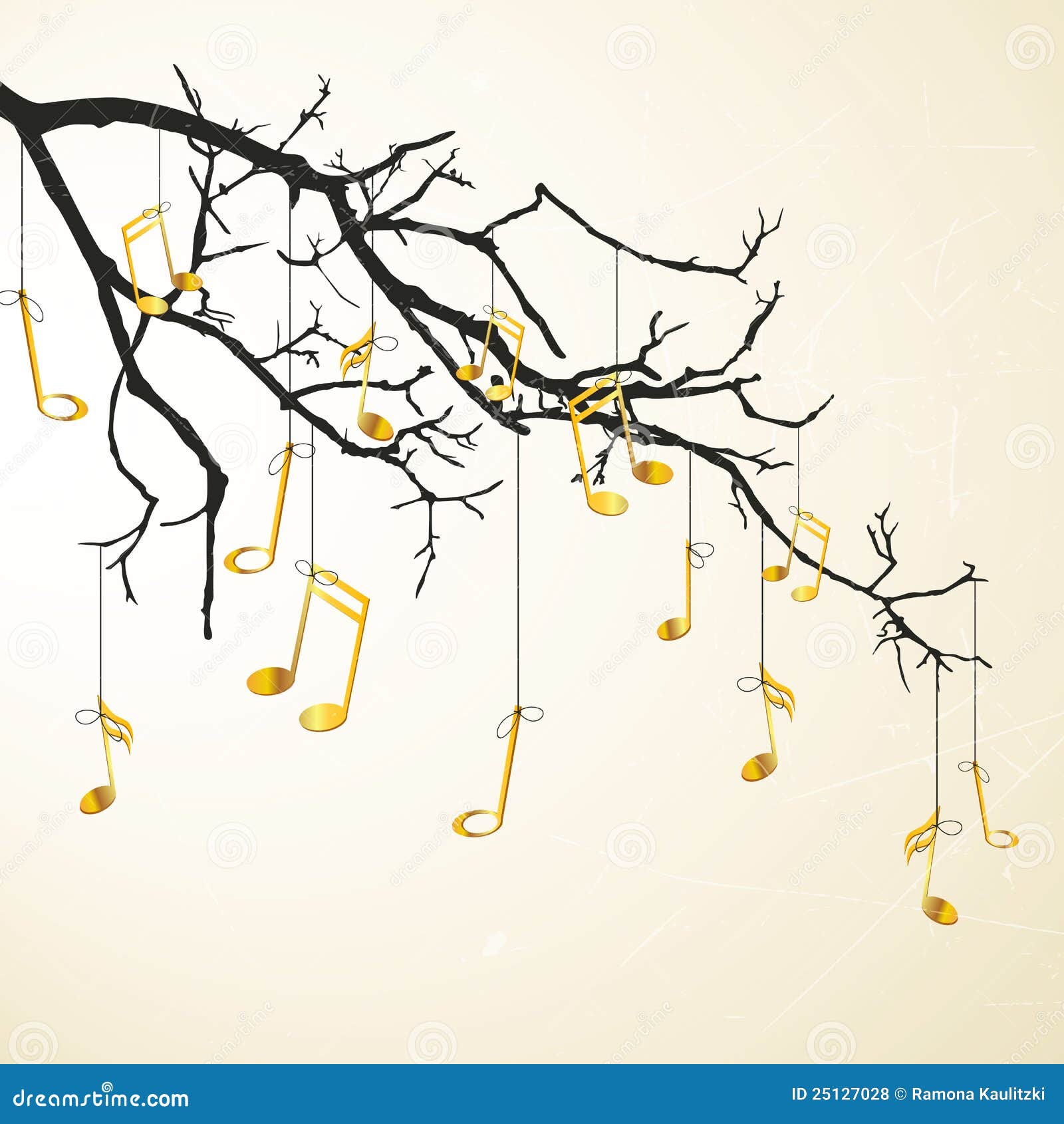 Golden Notes Hanging on a Branch Stock Illustration - Illustration of ...