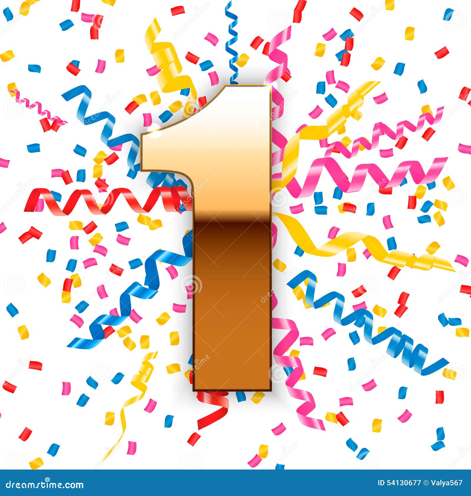 Golden Number 1 with Confetti and Streamers Stock Vector - Illustration ...