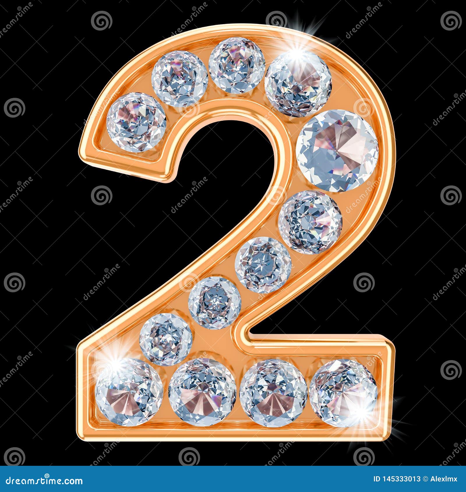 Golden Number 2 with Diamonds. 3D Rendering Stock Illustration ...