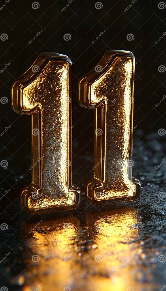 Golden Number Eleven, 11, Shining Brightly on a Dark Reflective Surface ...