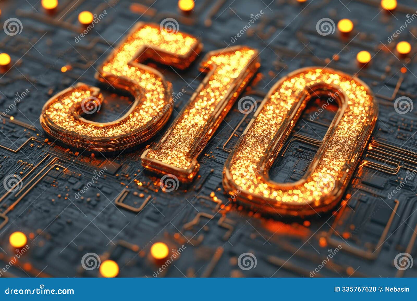 Golden Number 510 on a High-tech Circuit Board Background with Glowing ...